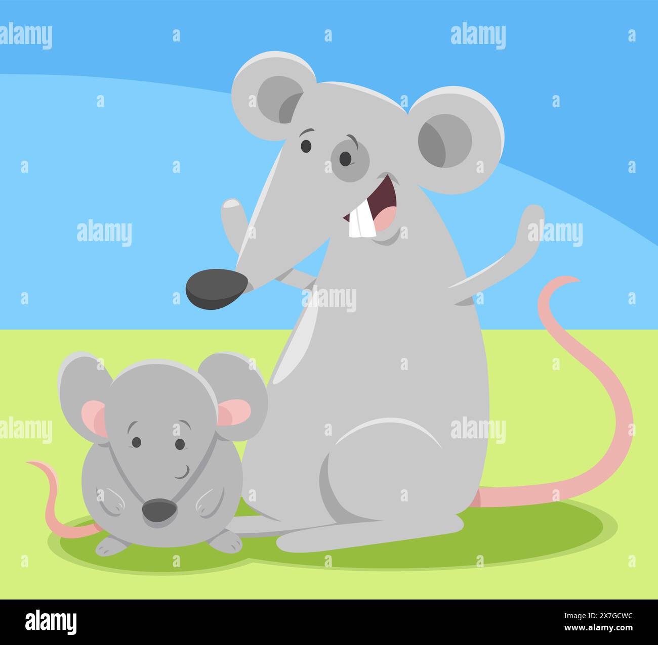 Cartoon illustration of funny gray mouse mom and baby animal characters ...