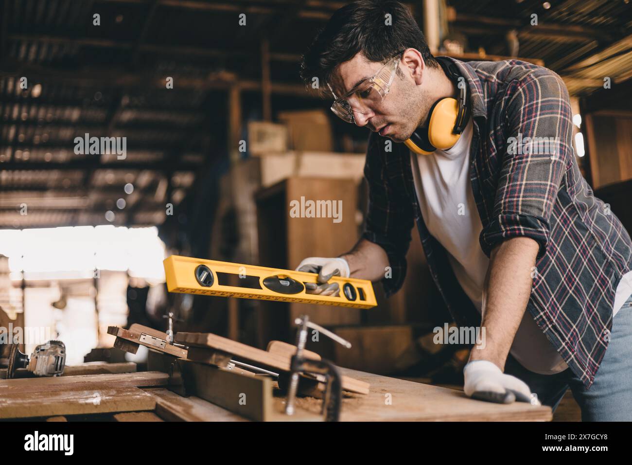 professional carpenter man hand working make wooden handcraft furniture ...