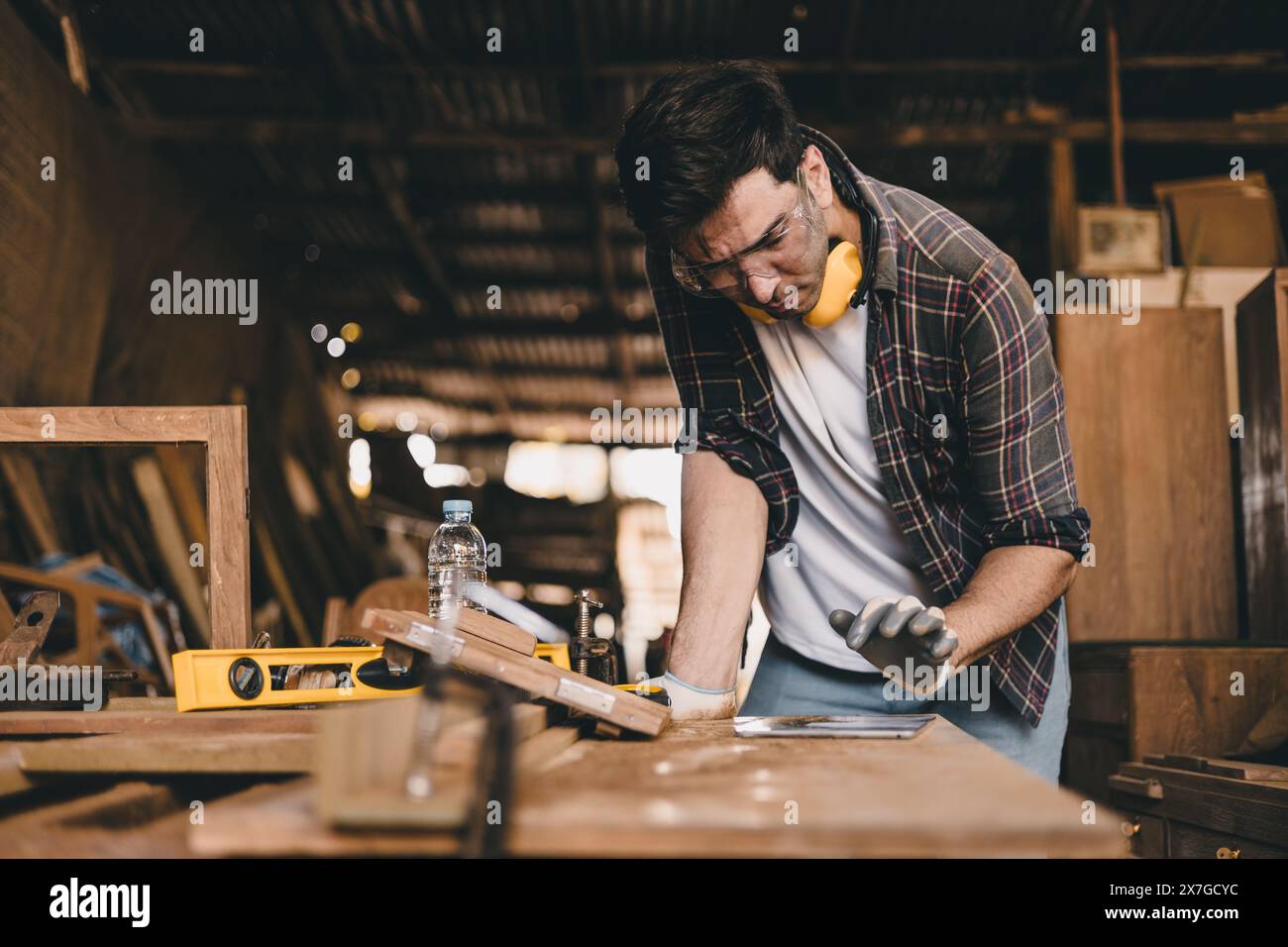 professional carpenter man hand working make wooden handcraft furniture ...