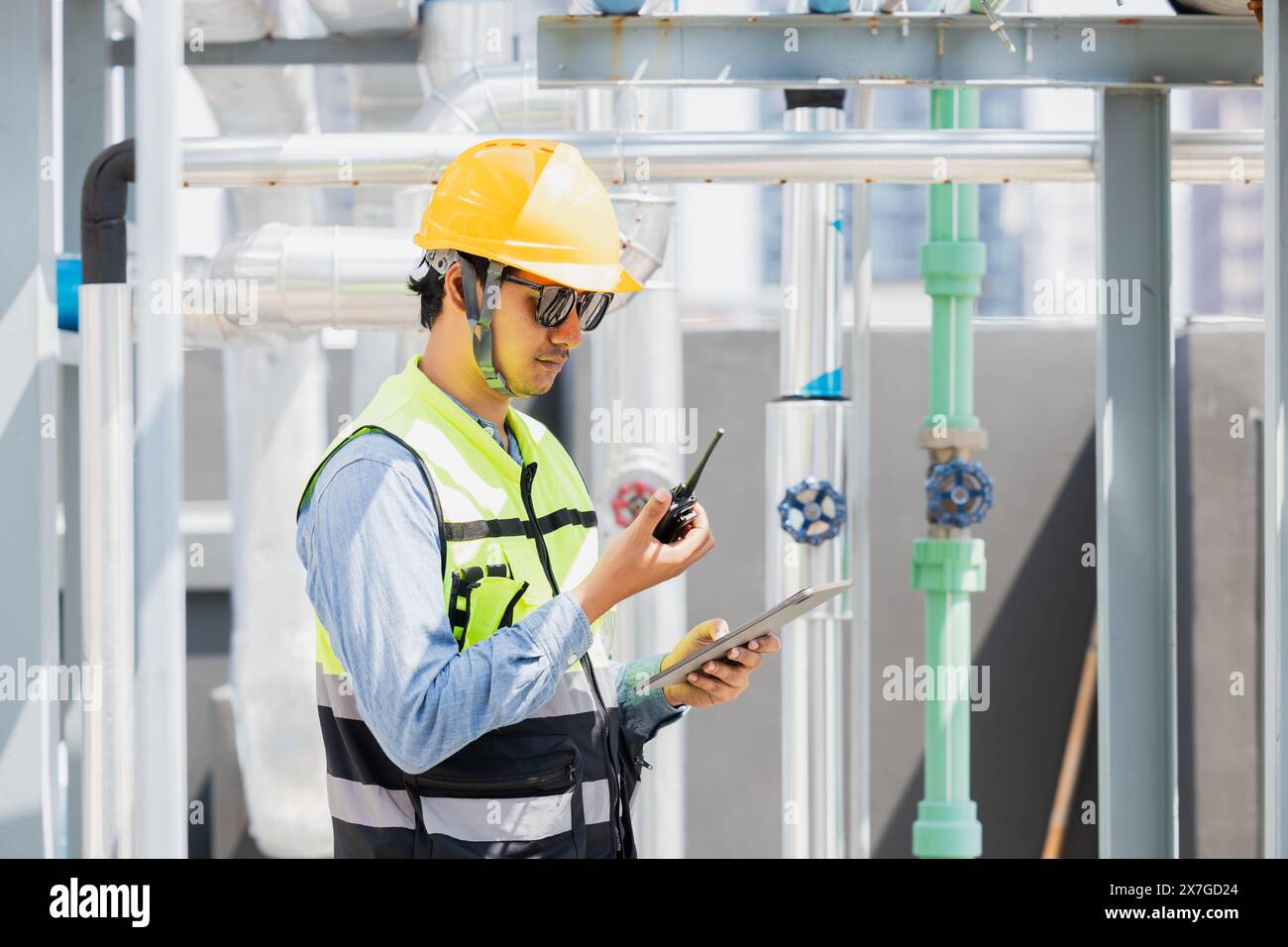 engineer checking gas pipe watering system, professional worker service ...