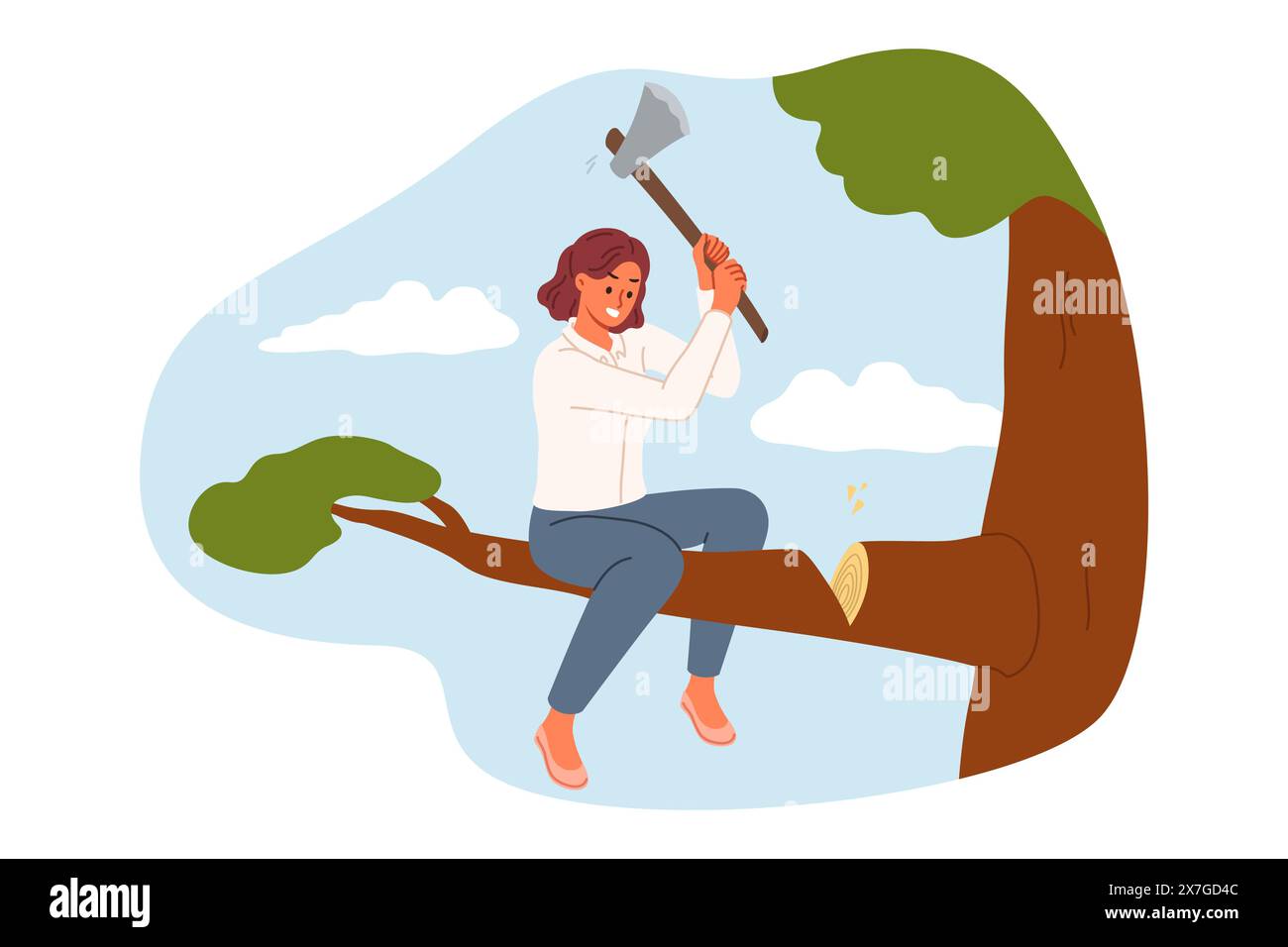 Foolish business woman cuts branch she is sitting, risks falling and ...