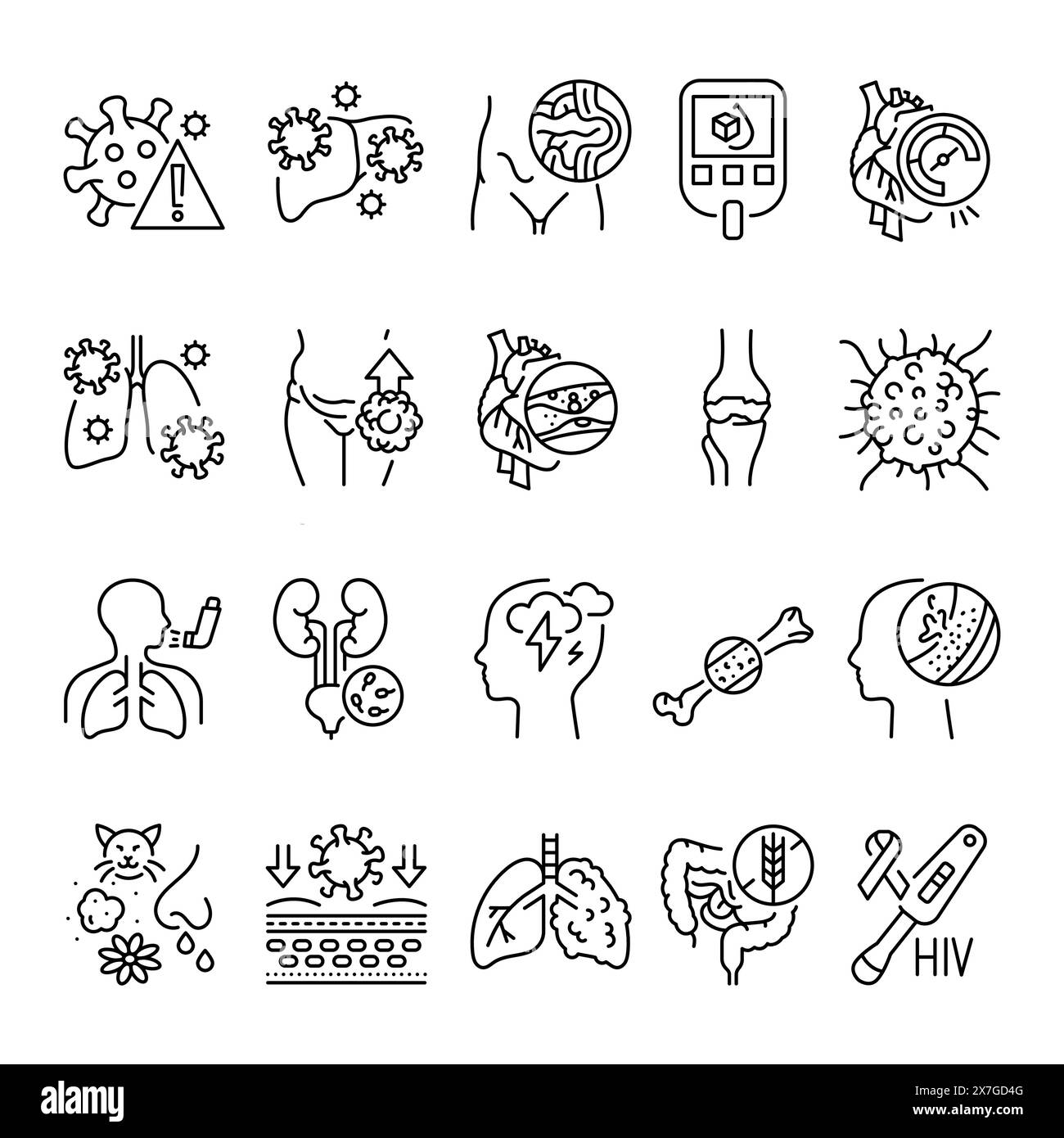 Human diseases line black icons set. Signs for web page, mobile app ...