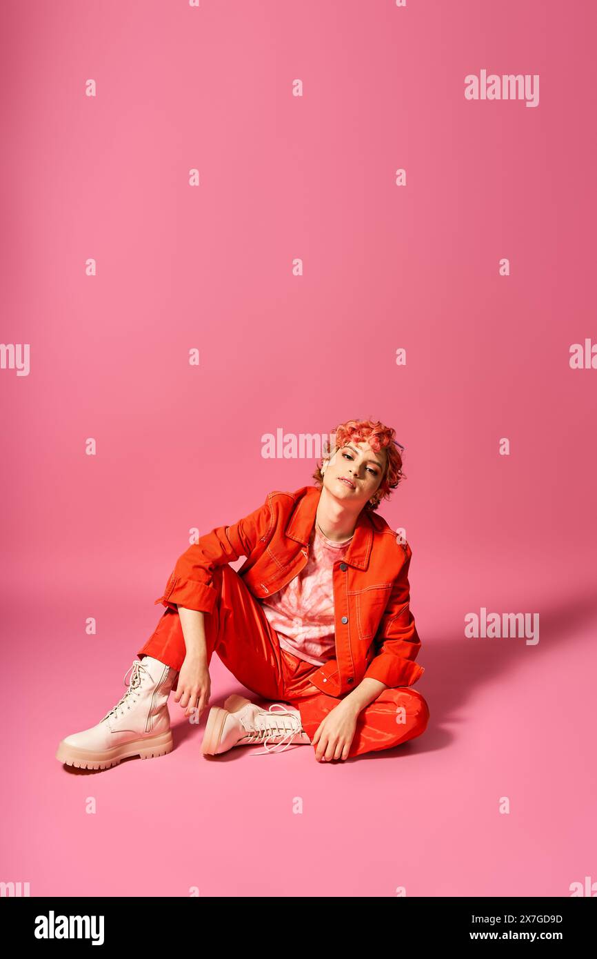 A woman sitting gracefully on the ground dressed in a vibrant red suit ...
