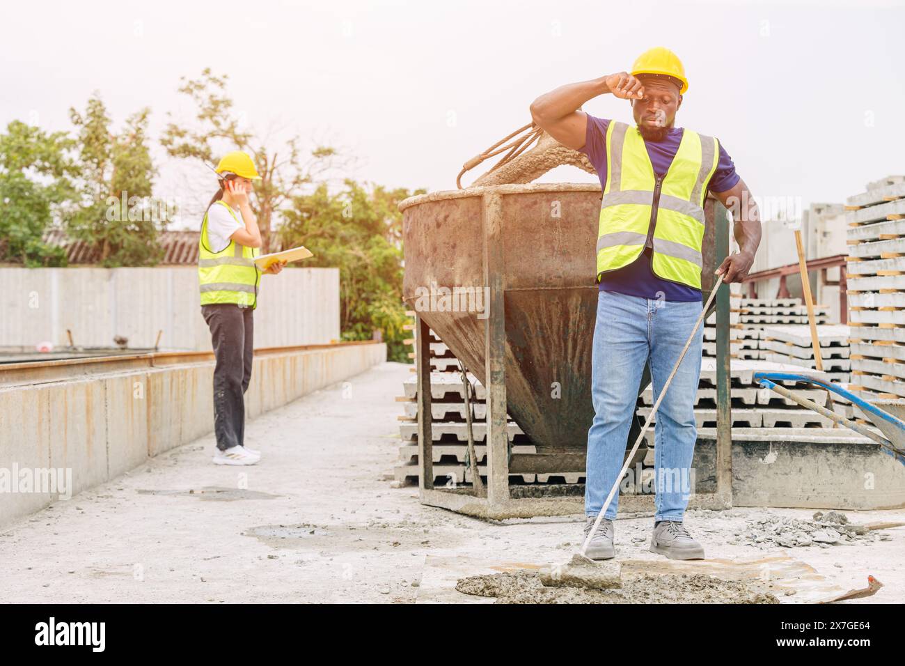 Tired stress hard worker feel bad sweating from hot weather in sunny ...