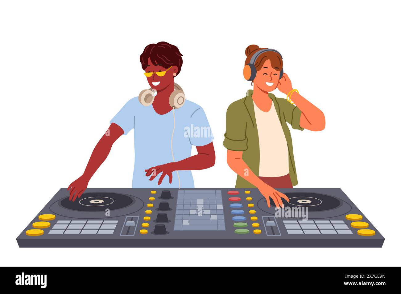 Two DJ use mixing console to entertain visitors to disco in nightclub ...