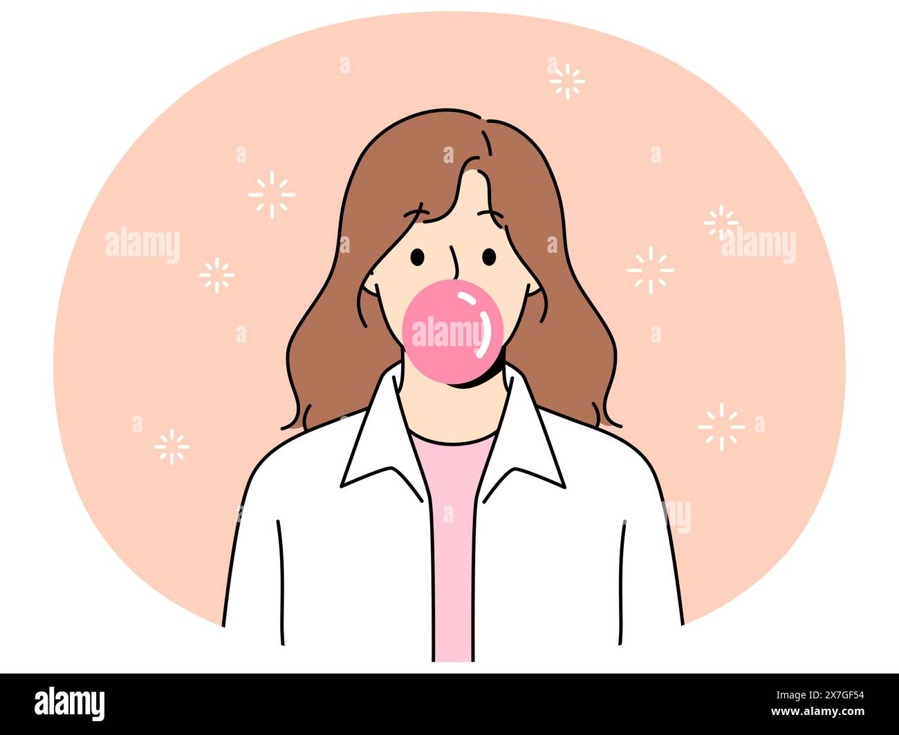 Smiling girl blow bubble from gum. Happy child with pink bubblegum. Fun and childhood. Vector ...