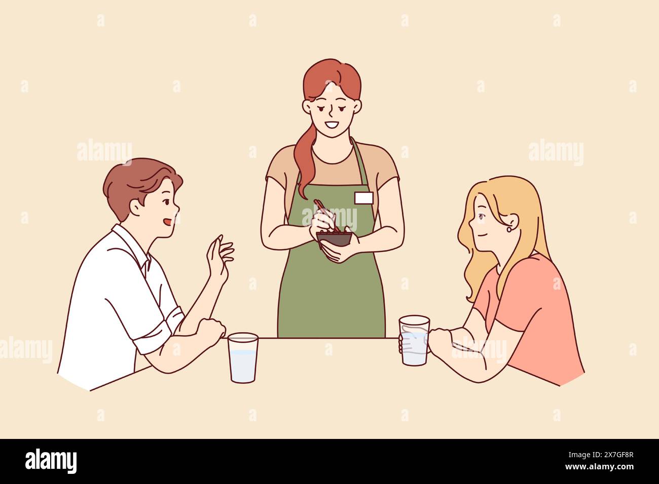 Woman works as waiter in restaurant, stands near table with dice and ...