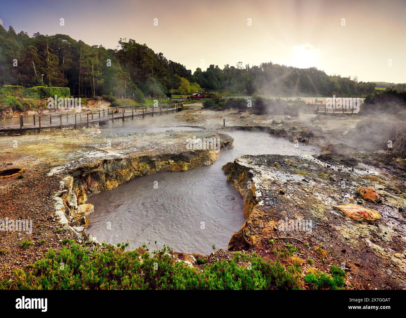 Azores - Furnas, Sunset volcano landscpae over lake with hot spring and ...