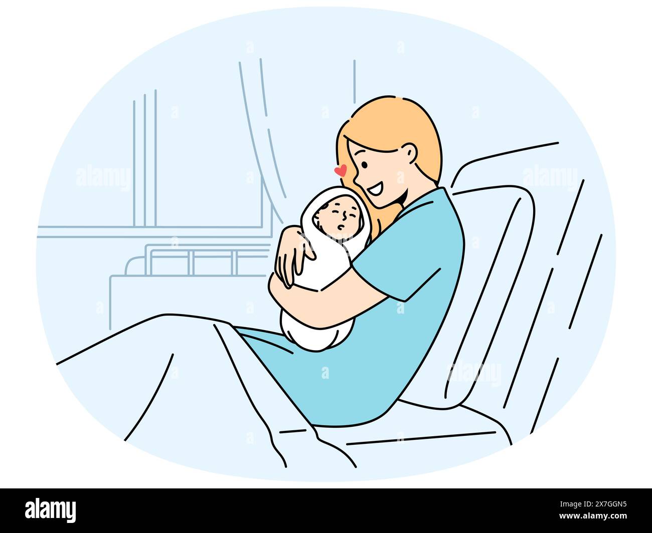 Happy woman sit in hospital bed cuddling newborn baby. Smiling mother ...