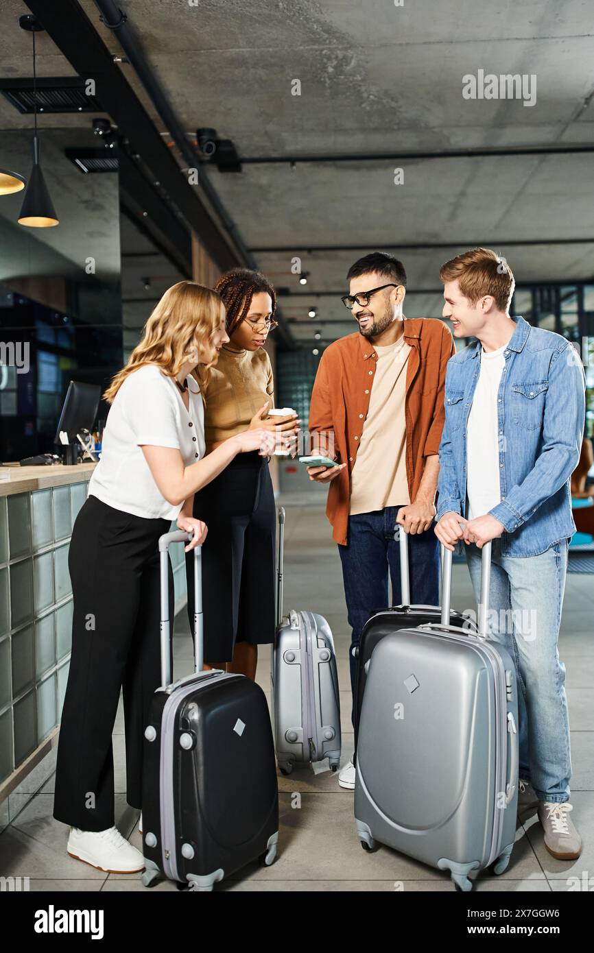 Multicultural colleagues in casual attire gather with luggage in a ...