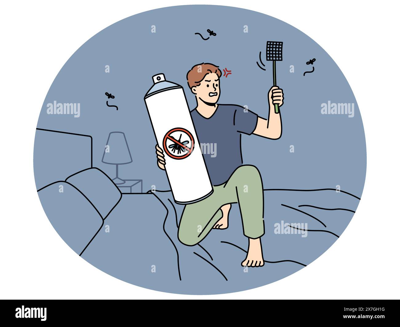 Angry man sit on bed at home with fly swatter and aerosol suffer from ...