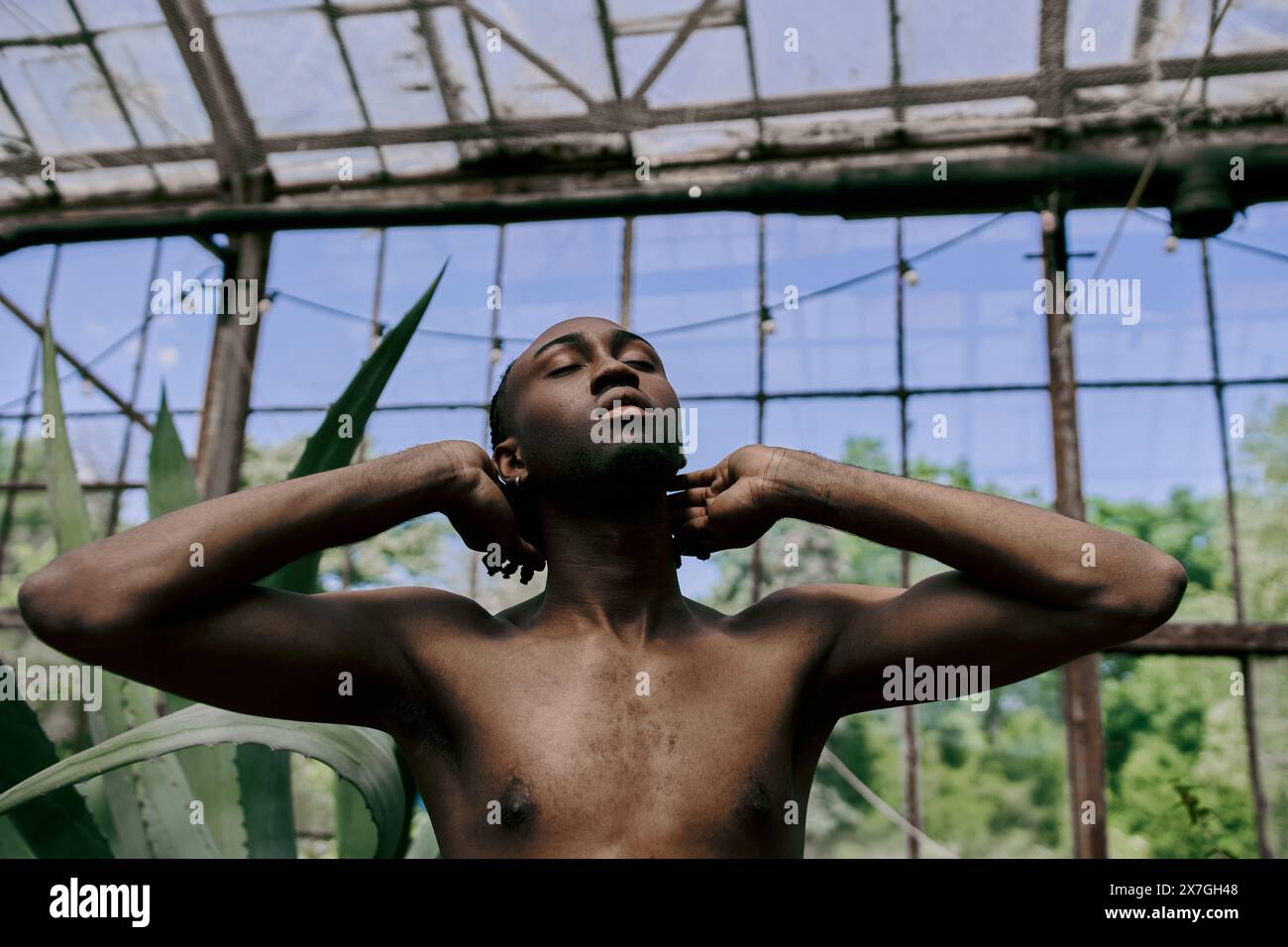 An elegant African American man standing by a window, hands on ears ...