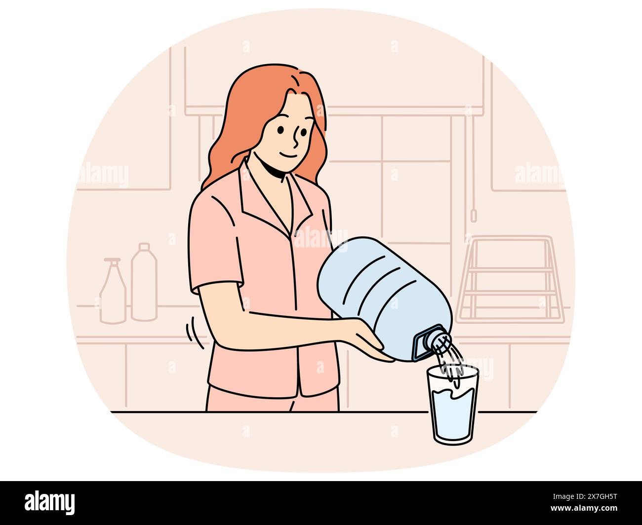 Smiling woman pouring water from bottle at home kitchen. Happy girl ...
