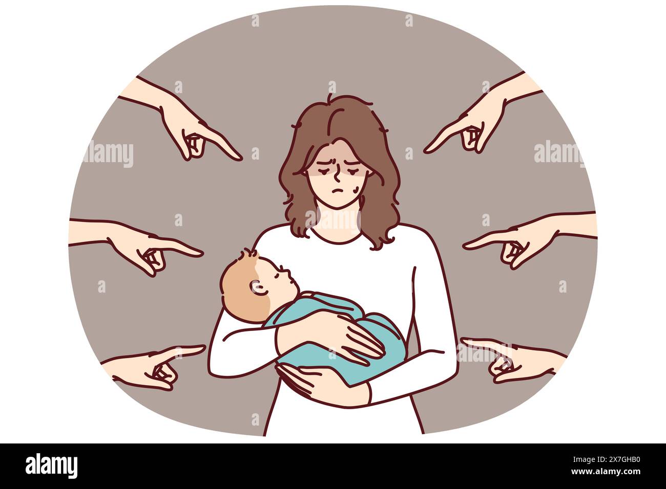 Young mother with baby in arms is ashamed because of condemnation of ...