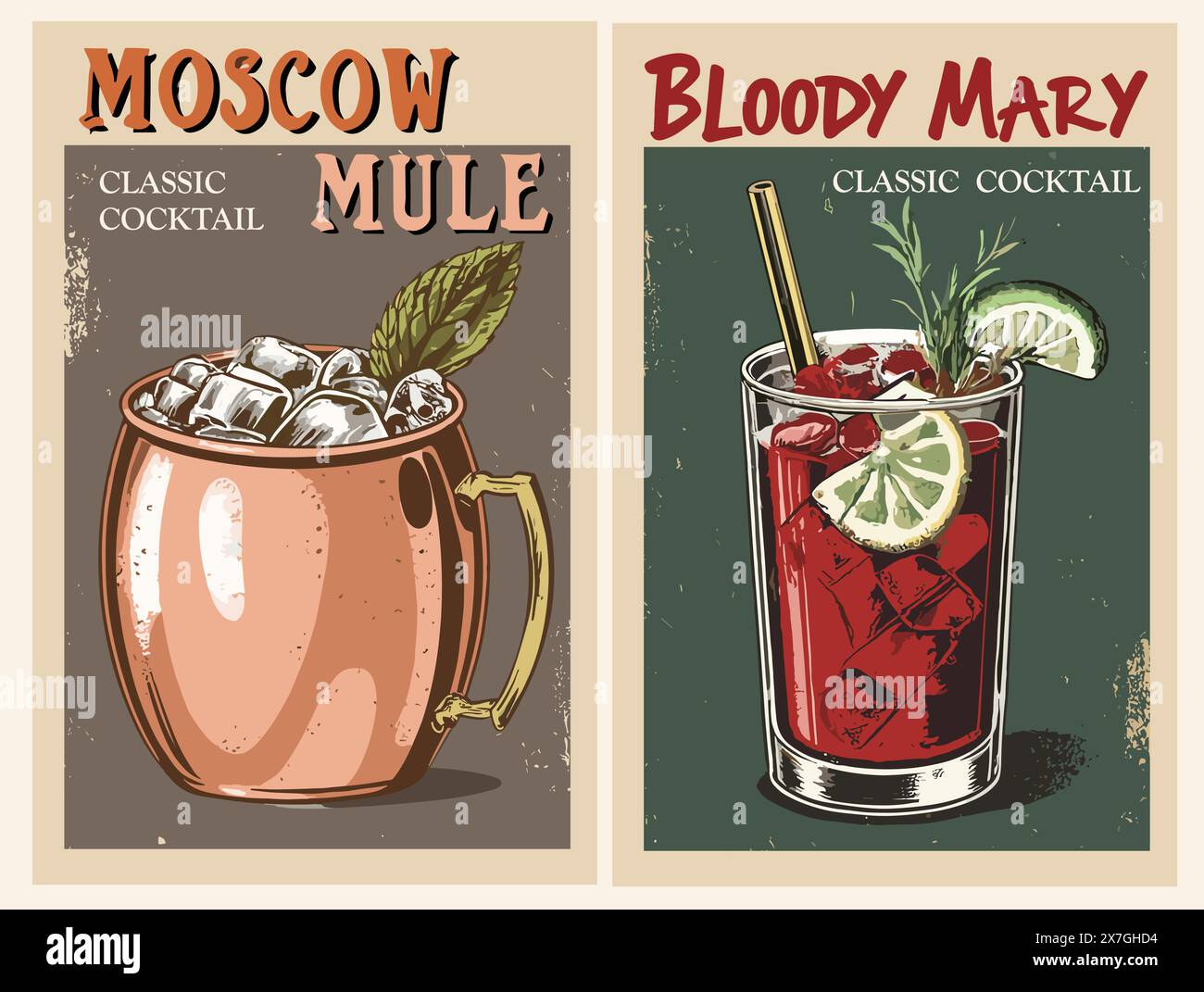 Cocktails retro poster set. Moscow Mule, Bloody Mary. Collection of popular alcohol drinks ...