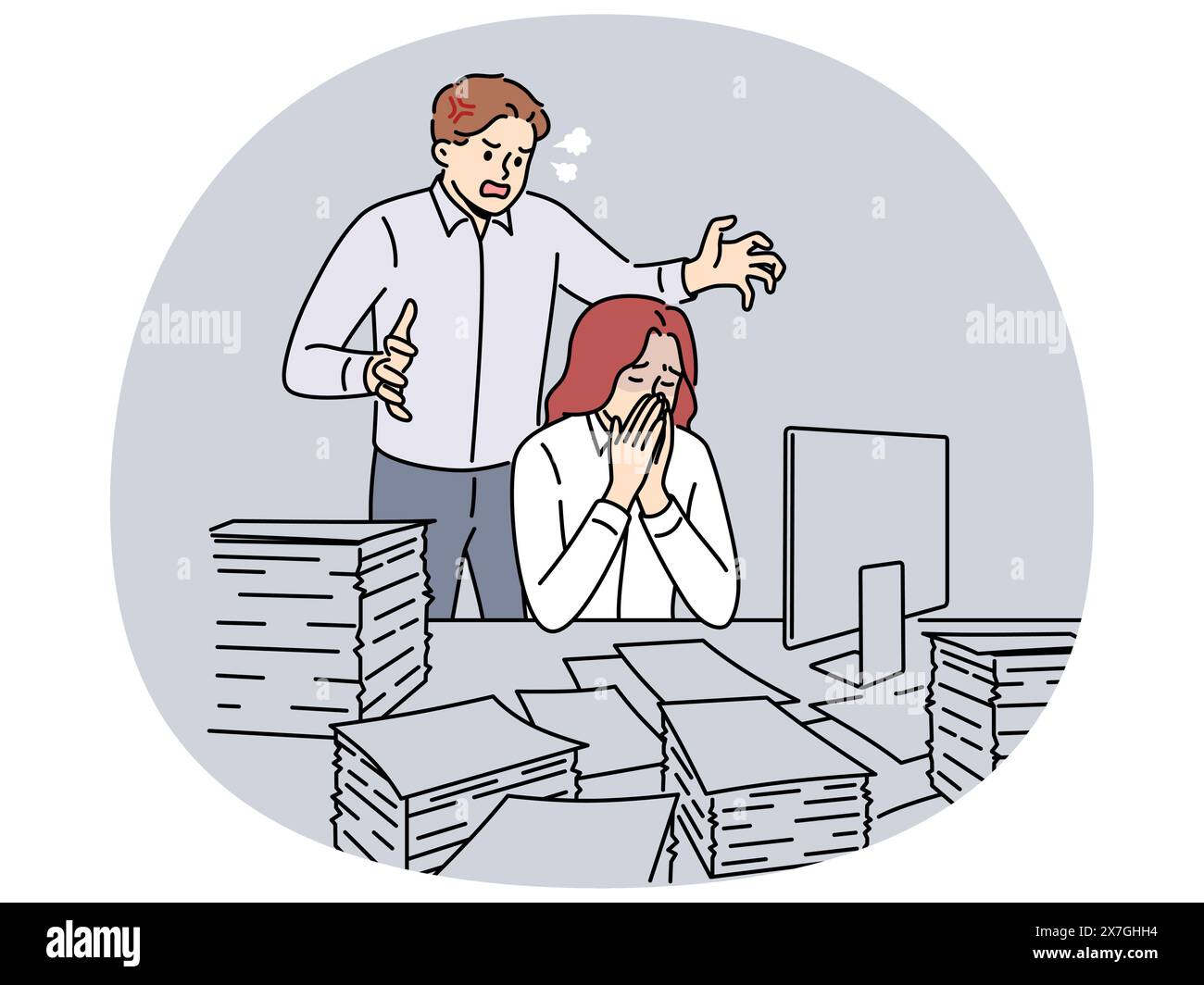 Angry boss scream at exhausted female employee overwhelmed with ...
