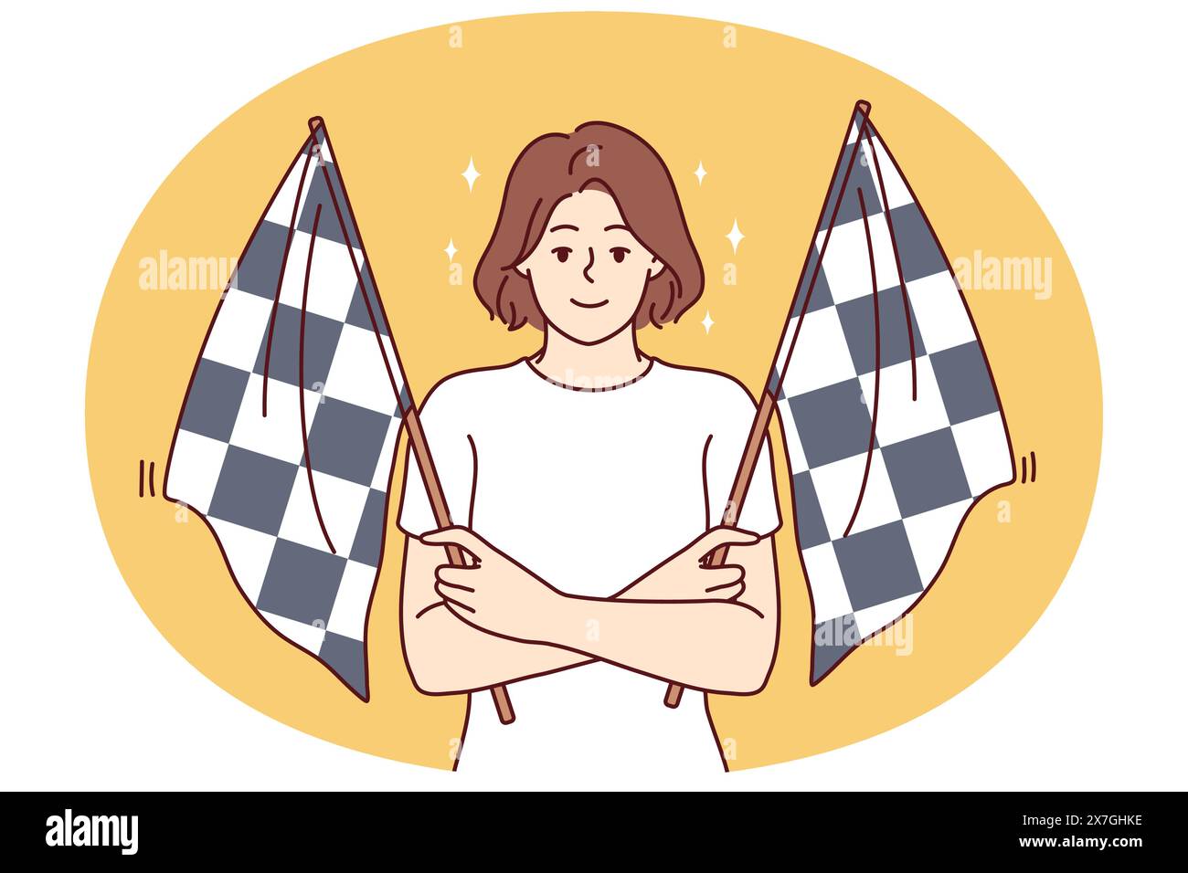 Smiling woman holding two checkered flags to signal for start of car ...