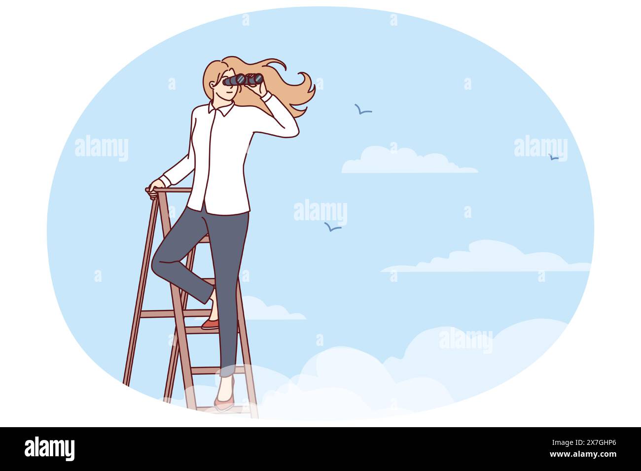 Woman leader stands on top of stepladder among clouds and looks into ...