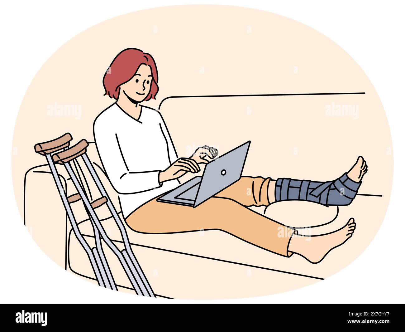 Woman sit on sofa at home with broken leg working on computer. Positive ...