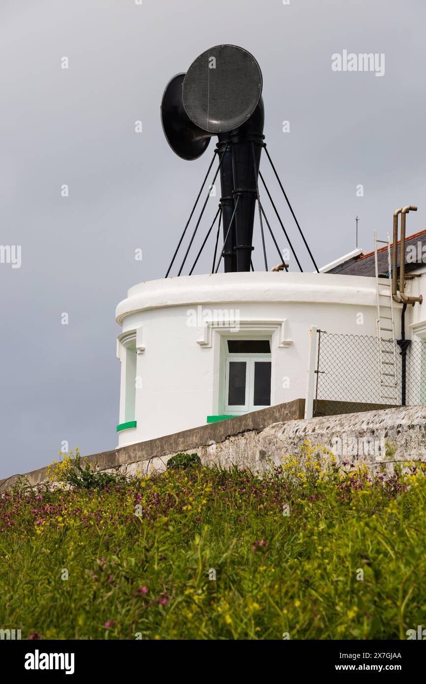 The Lizard Point lighthouse foghorn with grey sky, Cornwall, West ...