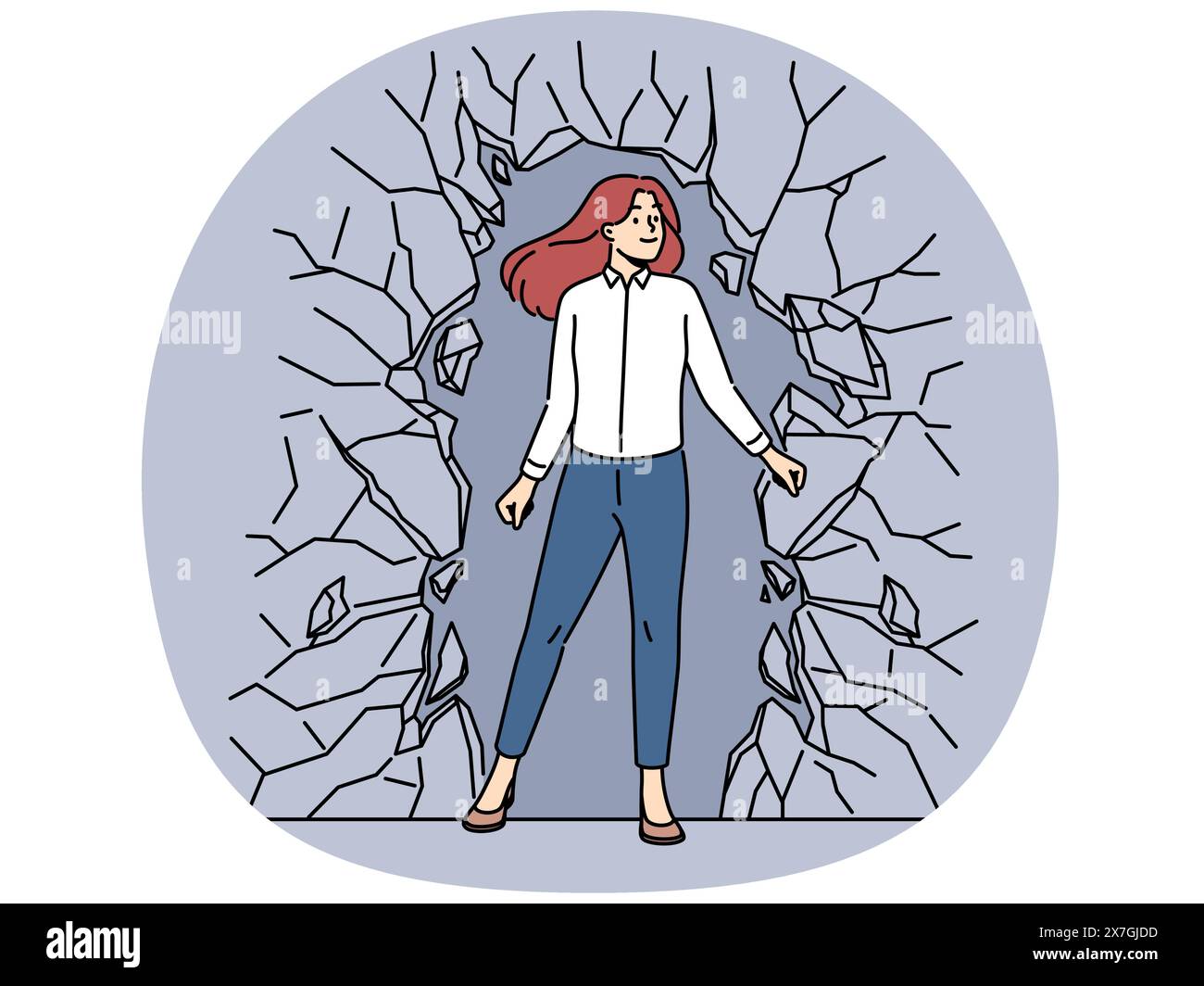 Confident businesswoman break stone wall reach business goal or aim ...