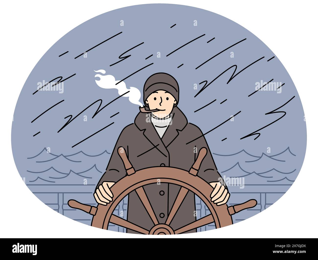 Captain in outerwear standing at ship steering wheel smoking pipe ...