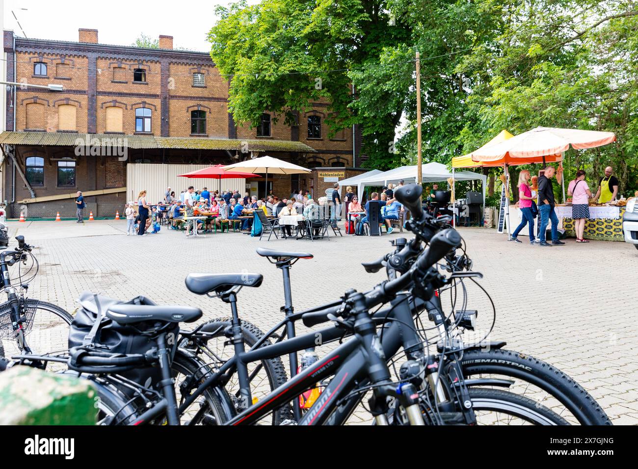 20 May 2024, Brandenburg, Müschen: Visitors to the watermill in the ...