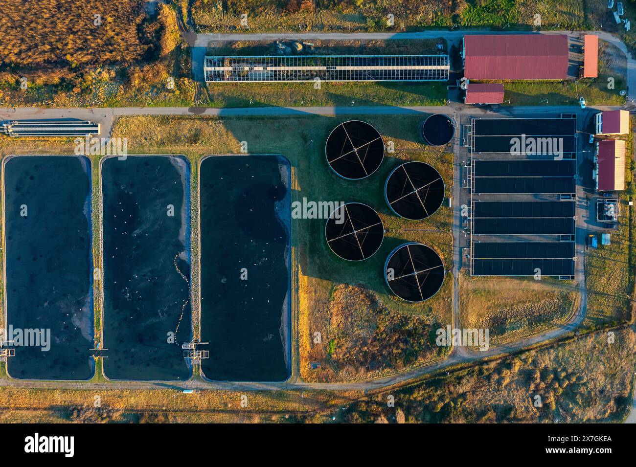 Aerial top down view of sewage treatment plant. Industrial water ...