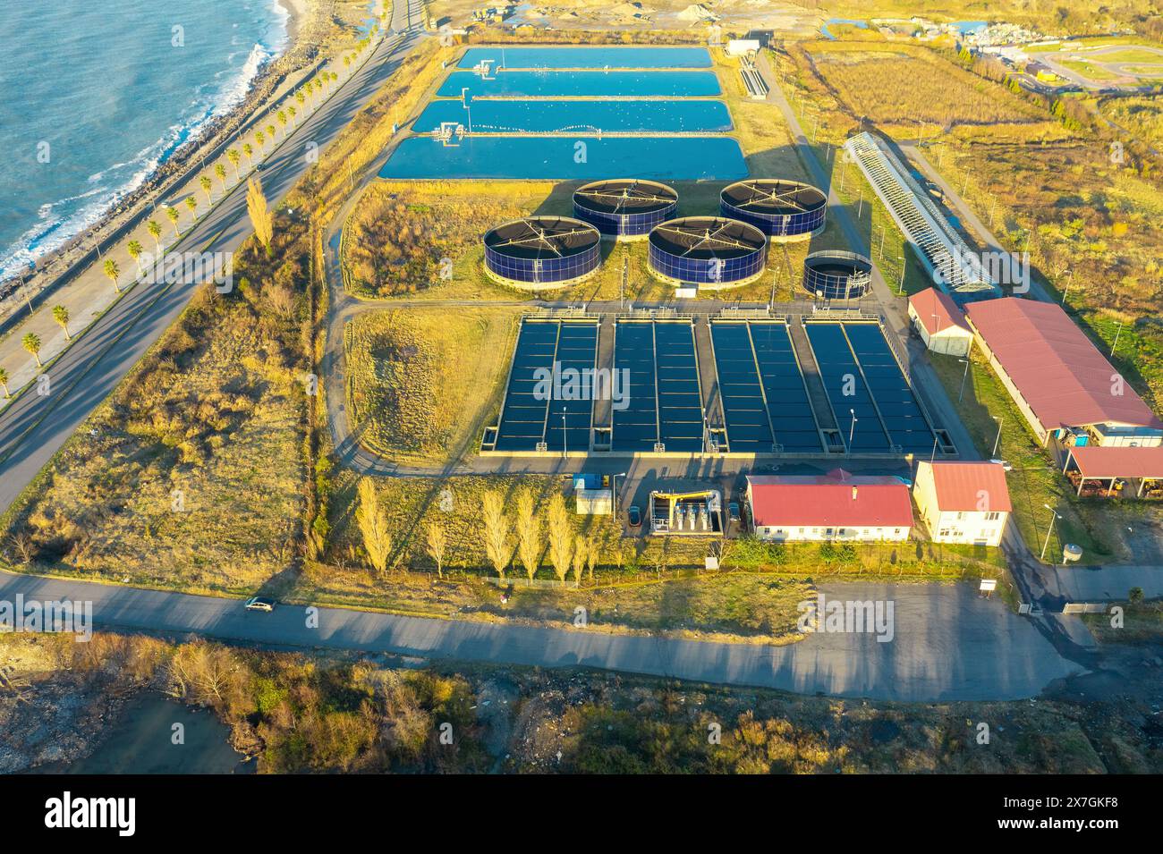 Aerial view of sewage treatment plant. Industrial water treatment with ...
