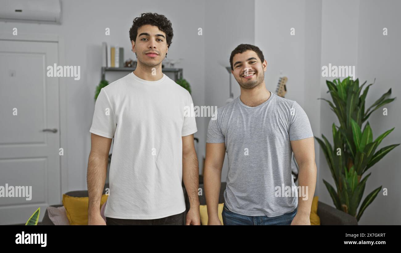 Two men standing together smiling indoors in a modern living room ...