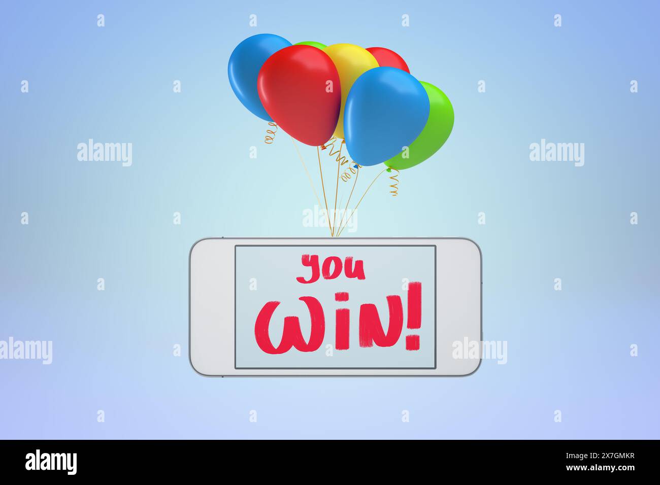 Smartphone with you win message on balloons Stock Photo - Alamy