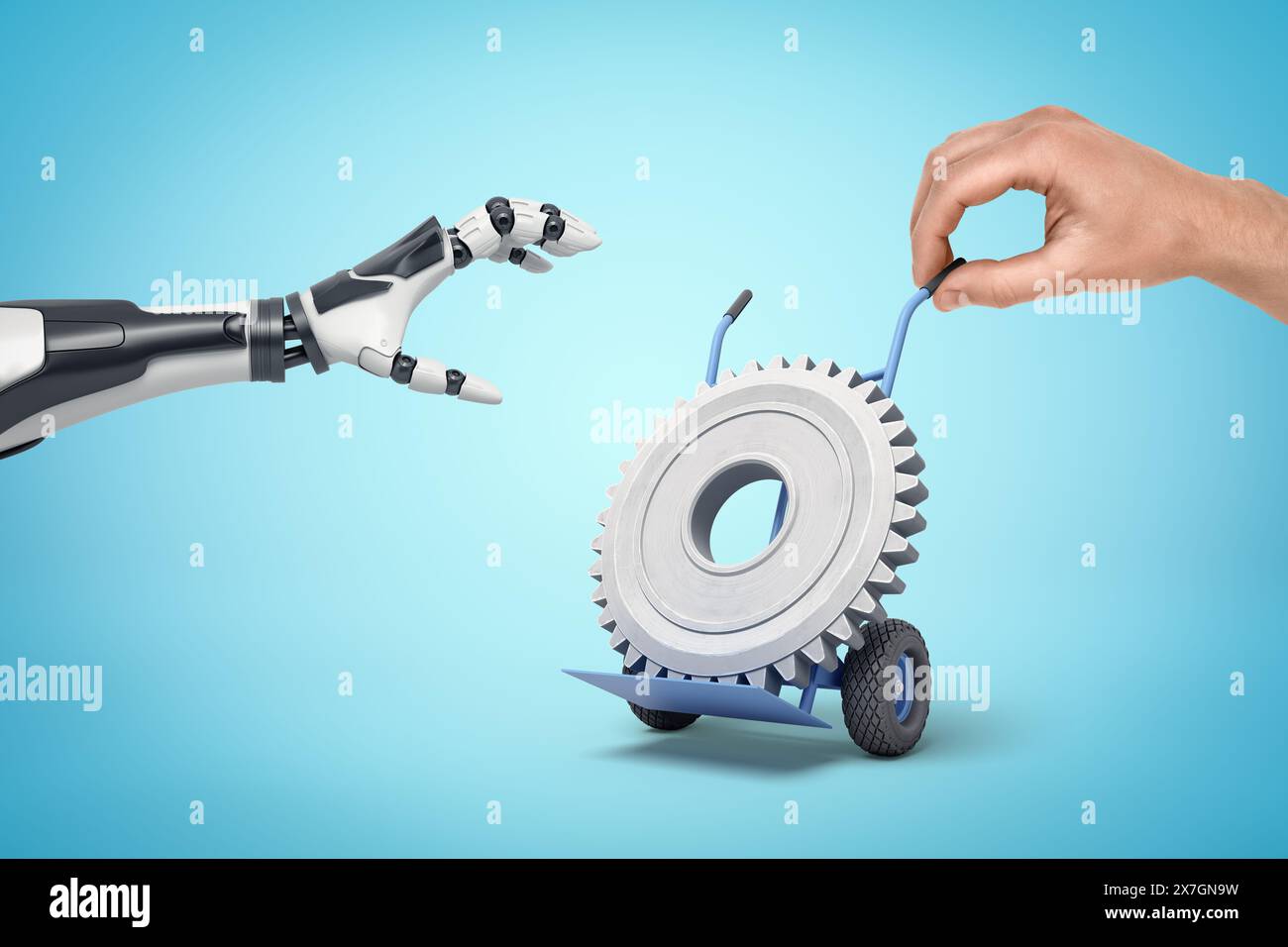 Robotic arm and human hand with gear wheel Stock Photo - Alamy