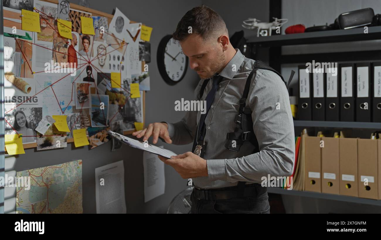 Handsome hispanic detective analyzes clues in office with evidence ...