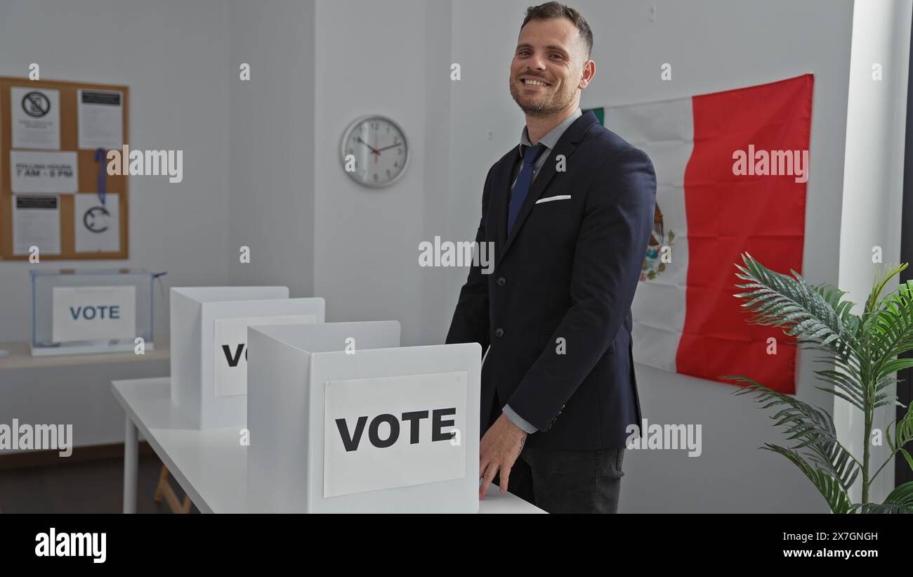 Handsome man smiling in a suit at a mexican voting station with booths ...