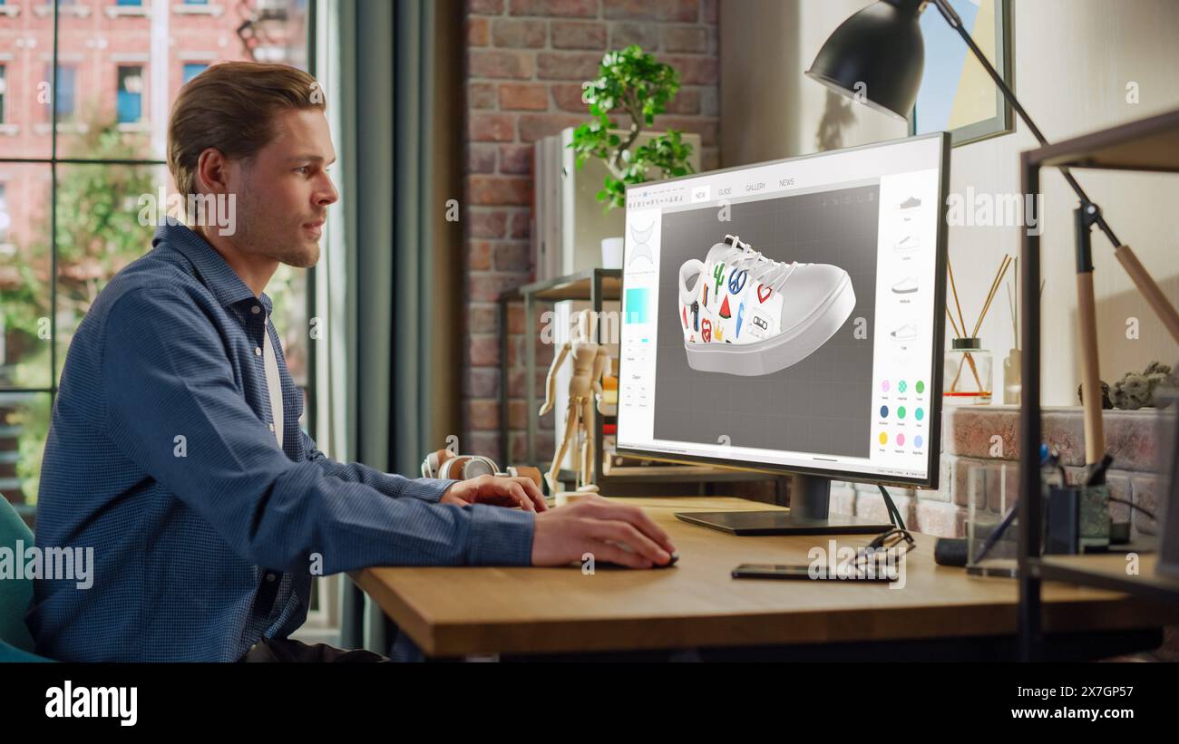 Young Male Footwear Designer Works on 3d Model of Shoe and Change ...