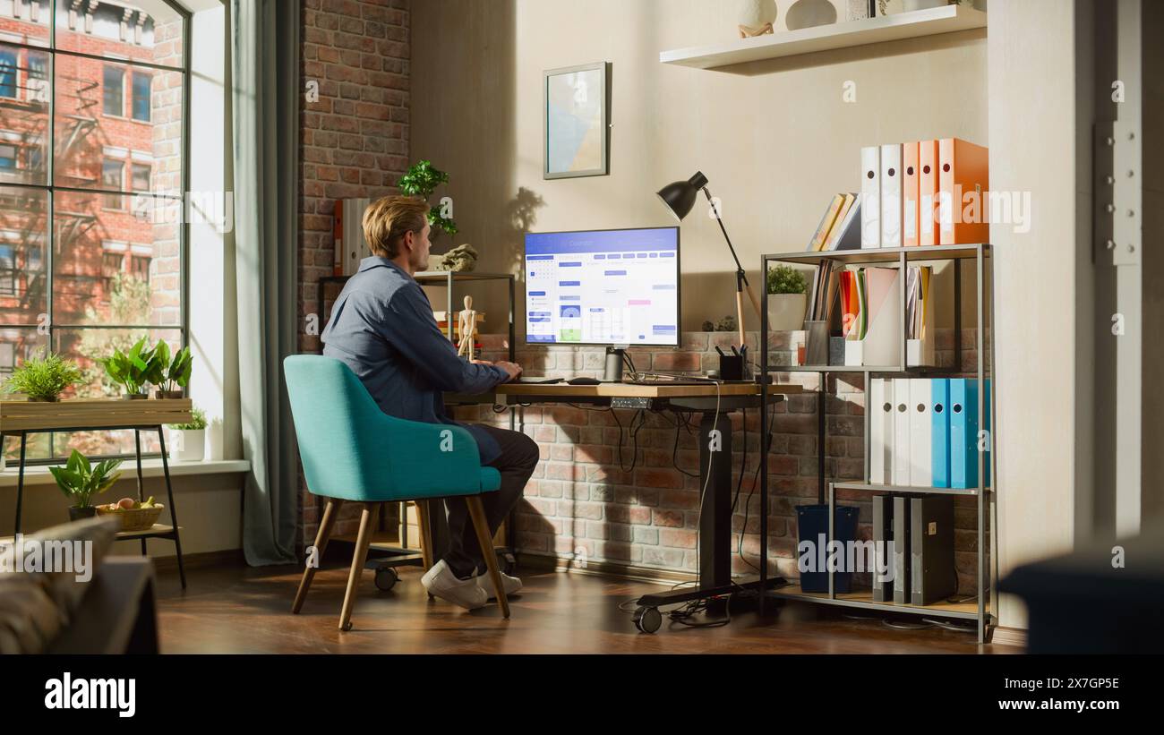Remote Work Concept: Man Using Desktop Computer With Office Software to ...