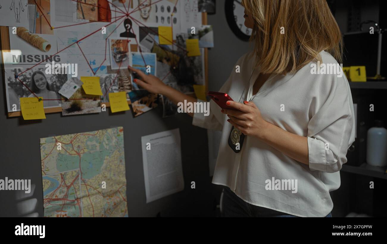 A young woman detective examines a wall with clues and a map, holding a ...