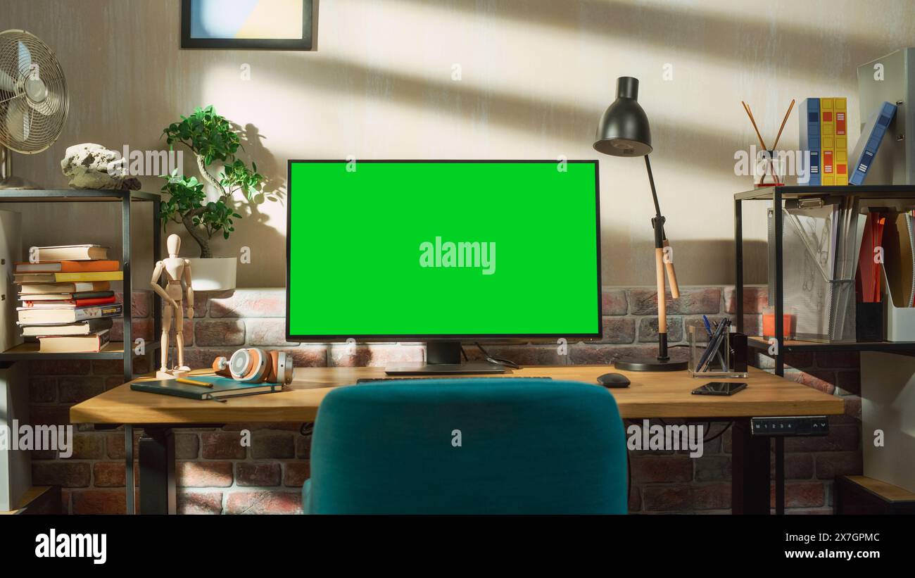 Desktop Computer Monitor Standing on a Table with a Green Screen ...