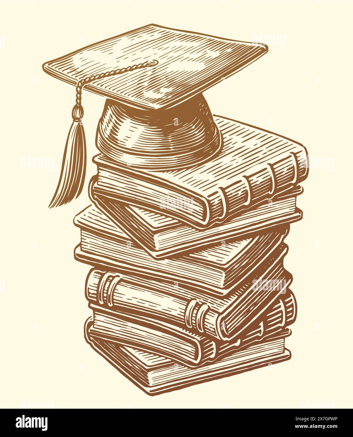 Hand drawn sketch drawing of stack of books and graduate cap. Concept ...