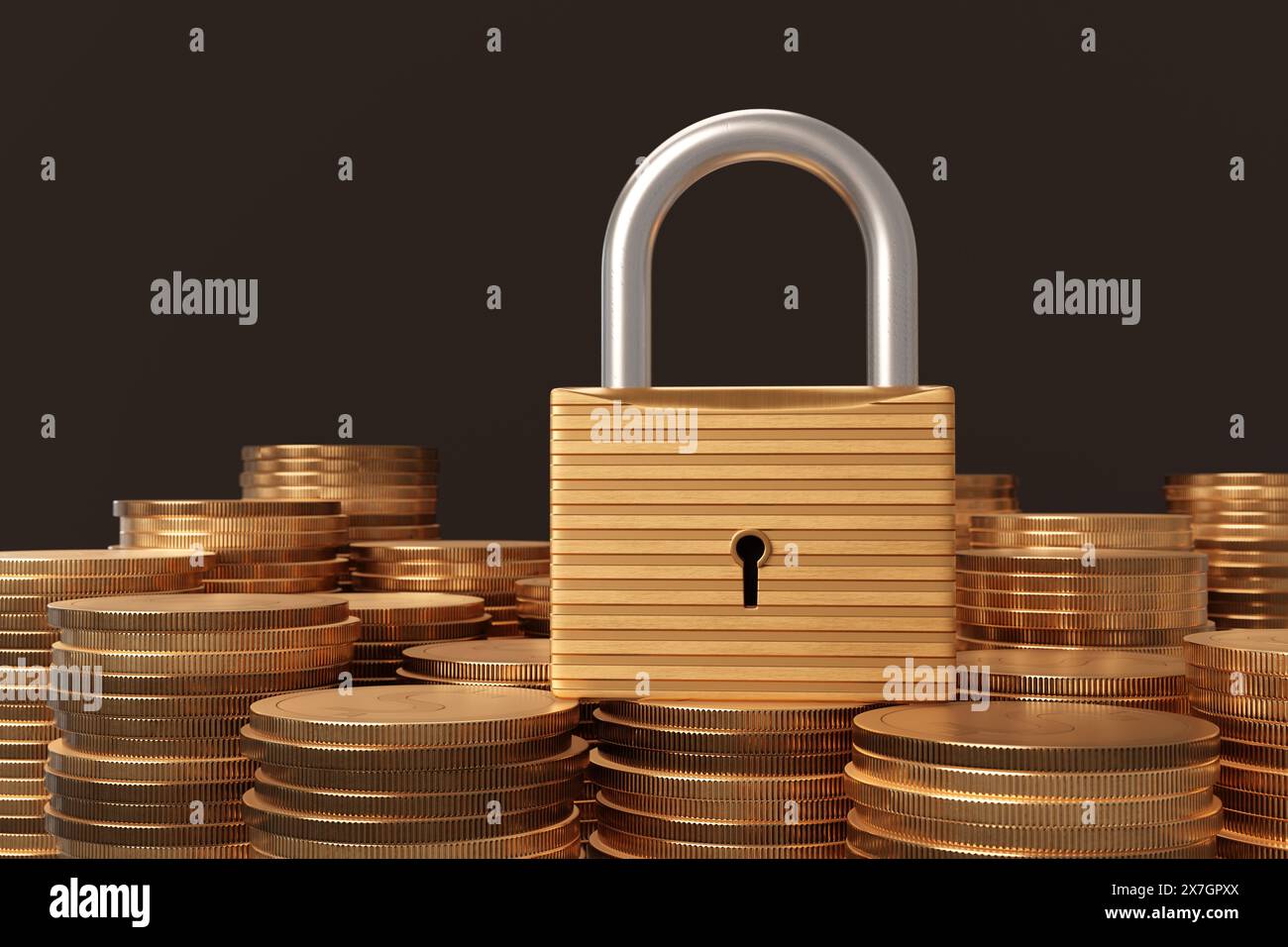 Pad lock on a heap of gold coins in black background. Illustration of ...