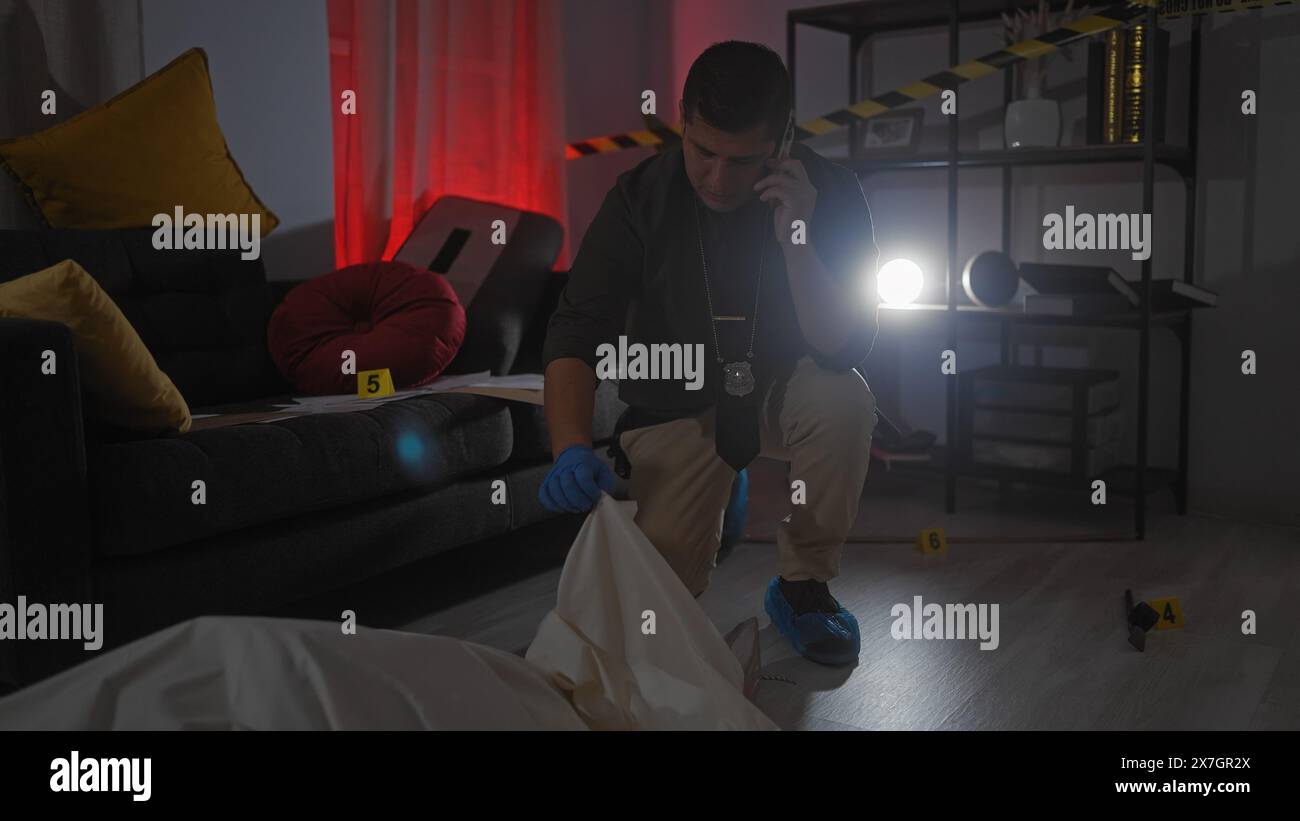 Hispanic detective man investigates crime scene in living room, talking ...