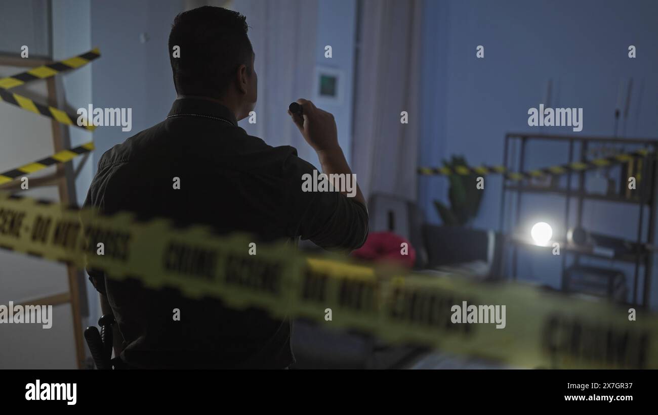 A man examines a living room at a cordoned off crime scene, adding ...