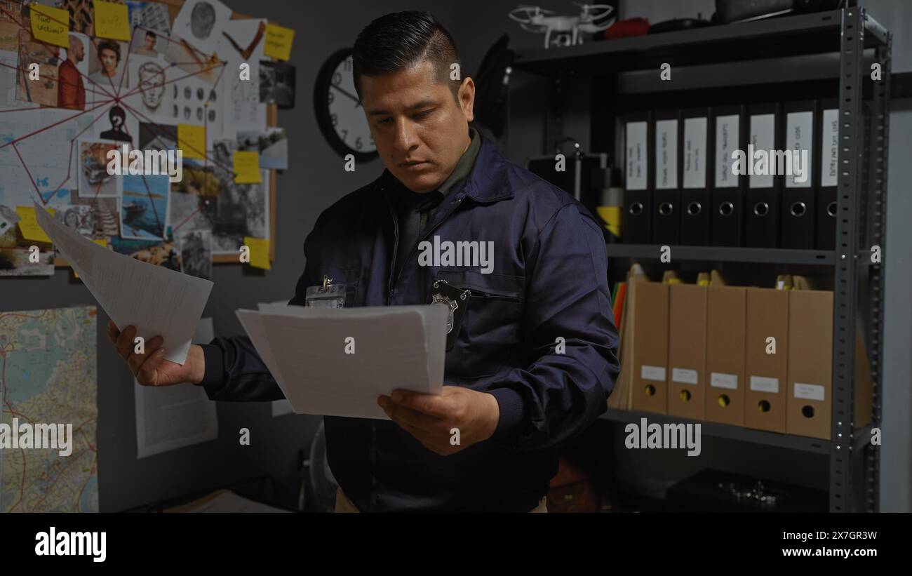 A focused hispanic man reads documents in a detective's office with a ...