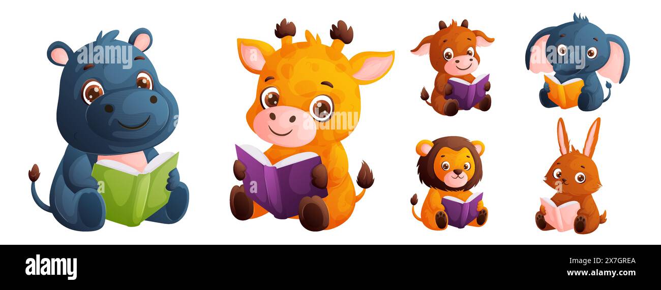 Adorable cartoon animals with books. Hippopotamus, giraffe, calf ...