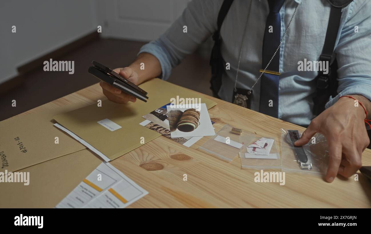Young hispanic man examines evidence in a detective's office with ...