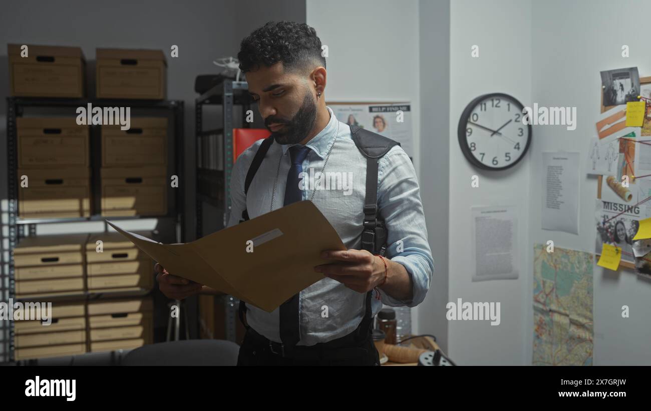 Hispanic detective reviews case files in a cluttered police station ...