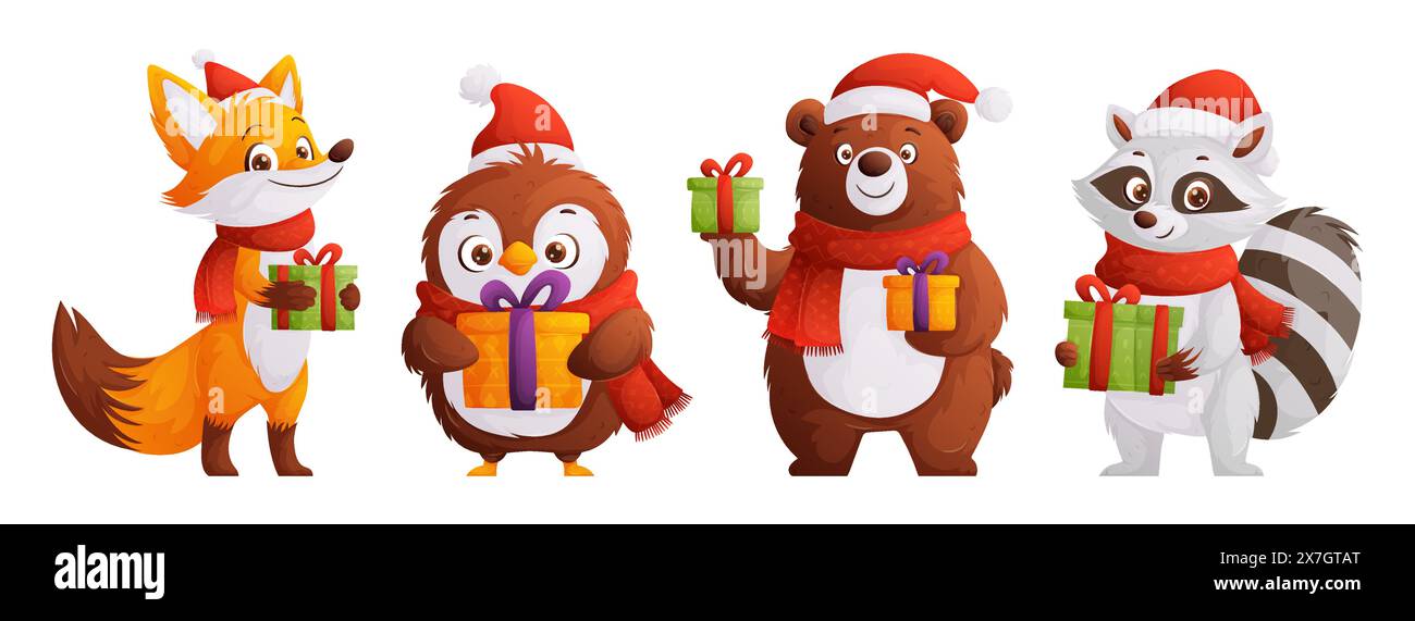 Cute cartoon animals with Christmas gifts - fox, penguin, bear and ...