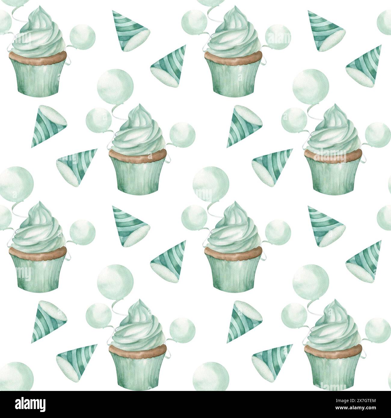 Monochrome birthday party seamless pattern with mint color cupcakes ...
