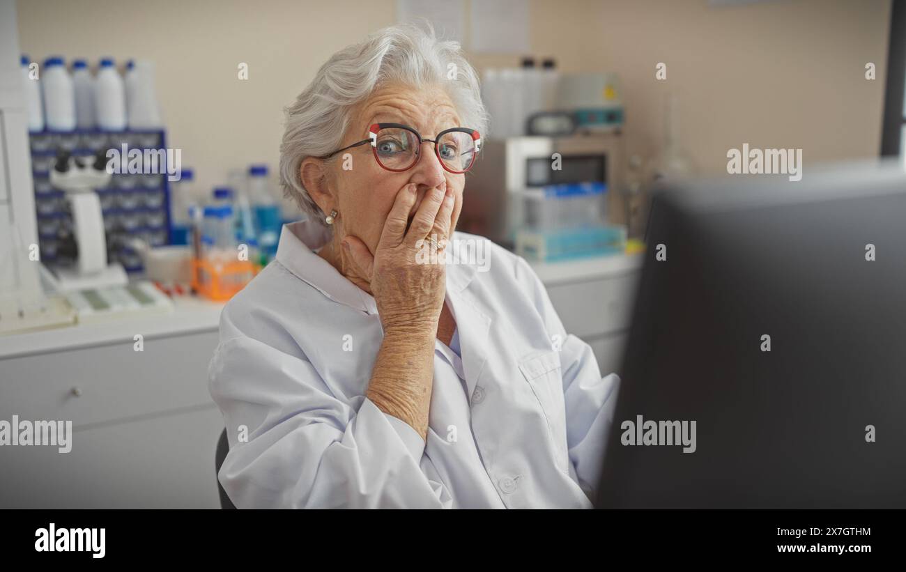 Senior woman scientist in lab coat looking shocked in laboratory Stock ...