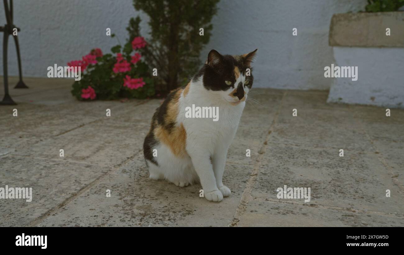 A calico cat sits on an outdoor stone patio beside blooming pink ...